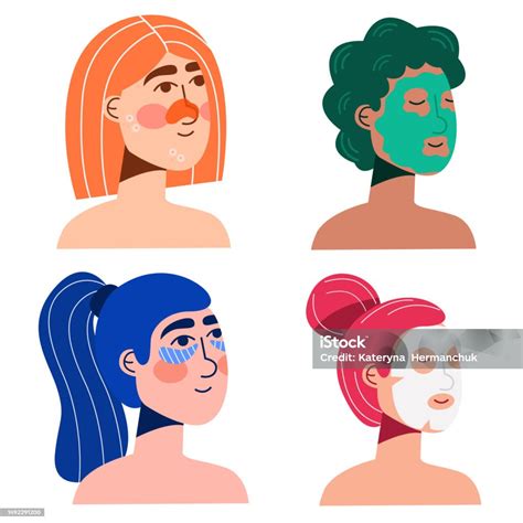 다른 피부 문제를 가진 여자의 집합입니다 매일의 활동 루틴 스킨케어 시술 피부과 치료 미용 제품 맑은 얼굴 피부 미용 가꿔주기에 대한 스톡 벡터 아트 및 기타 이미지