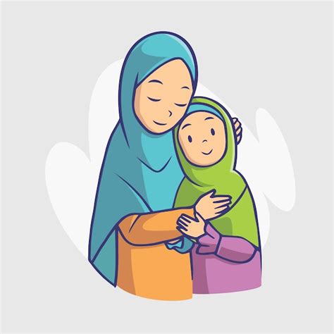 그녀의 딸을 포옹 하는 어머니의 만화 그림 프리미엄 벡터