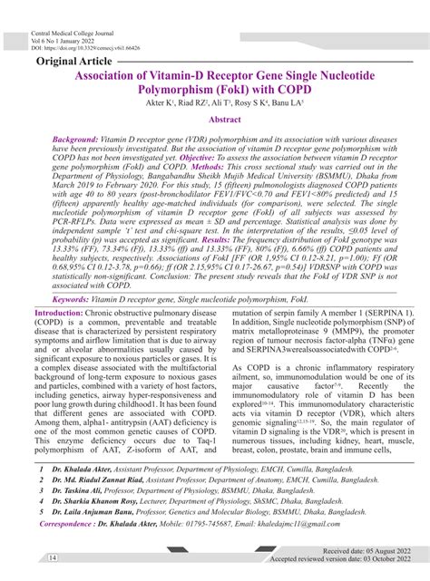 Pdf Association Of Vitamin D Receptor Gene Single Nucleotide Polymorphism Foki With Copd