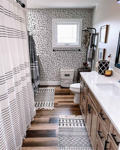 Black And White Wallpaper In Farmhouse Bathroom Soul And Lane