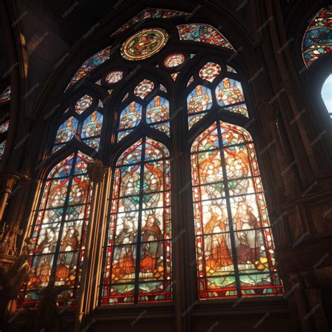 스테인드 글래스 창문 을 가진 대성당 의 내부 3d 렌더 프리미엄 사진