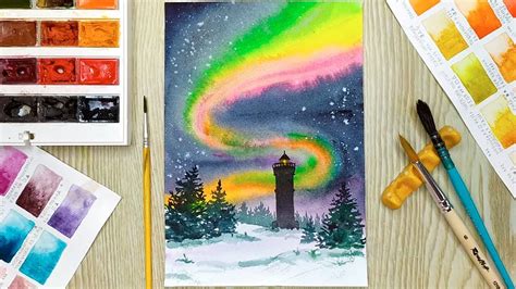 Как нарисовать северное сияние акварелью