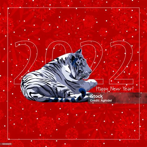 흰색 점과 눈송이와 빨간색 반복 배경에 파란색 호랑이 2022 년 새해 복 많은 빨간 텍스트 벡터 그림입니다 인사말 카드 배너 광고 초대 전단지의 디자인 템플릿 컬러 이미지