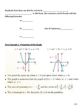 Guided Notes Characteristics Of Quadratic Functions By Math With Cam