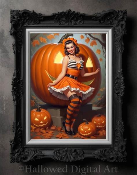Pumpkin Pinup Girl Art Print Vintage Retro Sexy Halloween Wall Decor