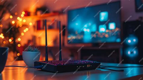 Wifi Router With Glowing Led Lights On A Desk Creating A Vibrant And Colorful Ambient Lighting