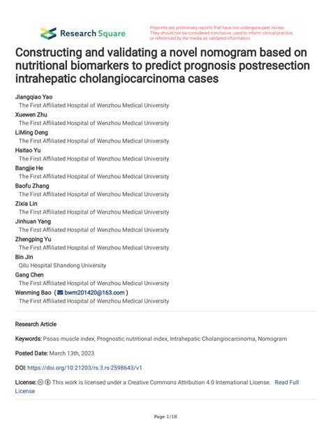 Pdf Constructing And Validating A Novel Nomogram Based On Nutritional Biomarkers To Predict
