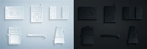 세트 클라리넷 스테레오 스피커 기타 페달 진자 모션 메트로놈 음악 Mp3 플레이어와 복고풍 오디오 카세트 테이프 아이콘 벡터