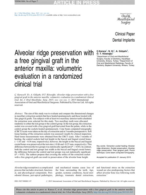 Karaca Alveolar Ridge Preservation With A Free Gingival Graft In The Anterior Maxilla