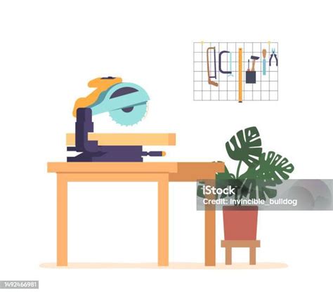 목재 교수형 클램프 톱 망치 및 끌이 있는 작업대에 톱 도구가 있는 목공 작업장 작업대 작업 장비에 대한 스톡 벡터 아트 및 기타 이미지 작업대 작업 장비 우드샵 톱