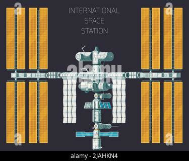 International space station, spacecraft with top view and yellow panels vector illustration ...