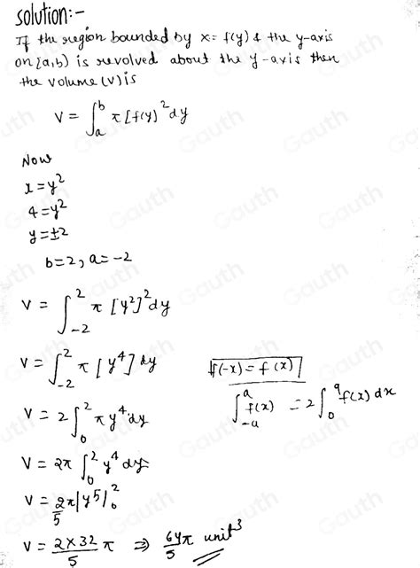 Solved Find The Definite Integral That Will Compute For The Volume Of The Solid When The Region