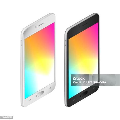 스마트폰 빈 터치 스크린 휴대 전화 파란색 빛난다 3d 아이소메트릭 디자인 빈 디스플레이와 휴대 전화의 템플릿입니다 디지털 가젯 모형은 측면 관점보기에 있습니다 사실적인