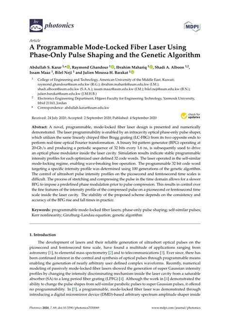 Pdf A Programmable Mode Locked Fiber Laser Using Phase Only Pulse Shaping And The Genetic