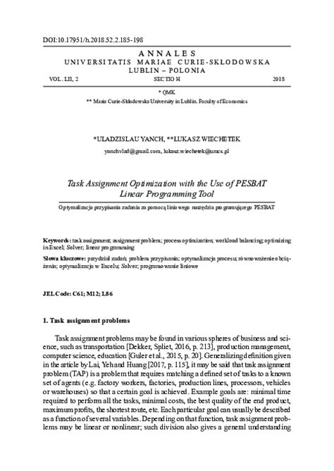 Pdf Task Assignment Optimization With The Use Of Pesbat Linear
