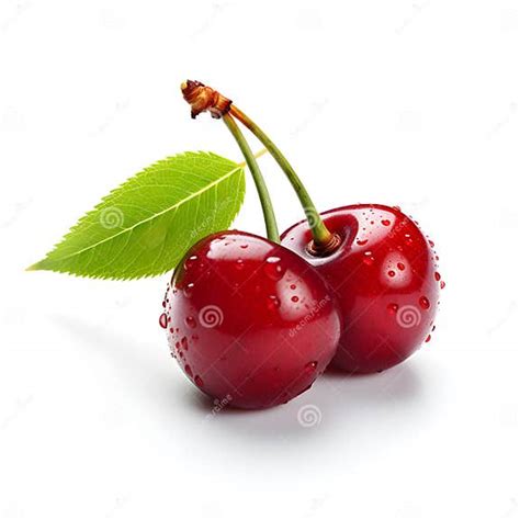 Two Sour Cherries With Green Stems And Leaves Isolated On White Background Full Depth Of Field