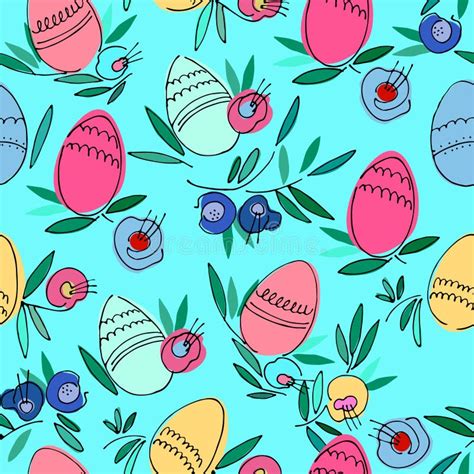 Seamless Pattern On Easter Theme With Colored Eggs Flowers Leaves