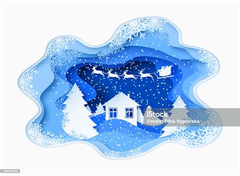 3d 추상 종이 잘라 소나무 집 산와 산타 클로스와 겨울 풍경 그림 개념에 대한 스톡 벡터 아트 및 기타 이미지 개념 겨울