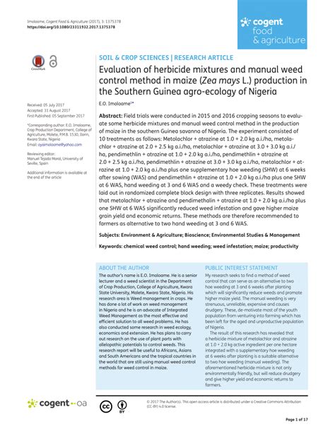 Pdf Evaluation Of Herbicide Mixtures And Manual Weed Control Method In Maize Zea Mays L