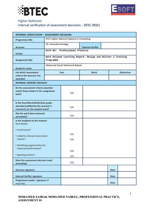 Professional Practice Unit 01 Higher Nationals Internal Verification Of Assessment Decisions