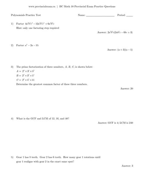Bc Math 10 Polynomials Practice Test Pdf