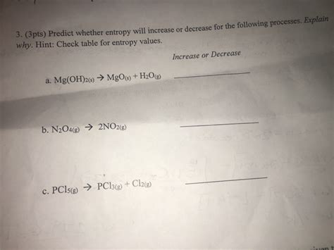 Solved Predict Whether Entropy Will Increase Or Decrease For Chegg