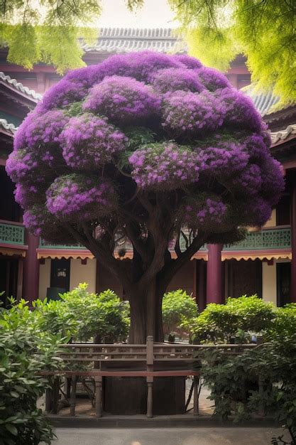 Premium AI Image A Tree With Purple Flowers In Front Of A Building