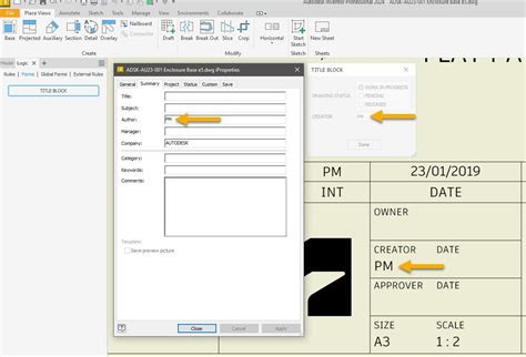 autodesk inventor 2024 testing an ilogic form for a drawing title block