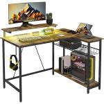 HOMCOM Reversible L Shaped Desk With Lights Power Outlet USB Ports Corner Desk With Storage