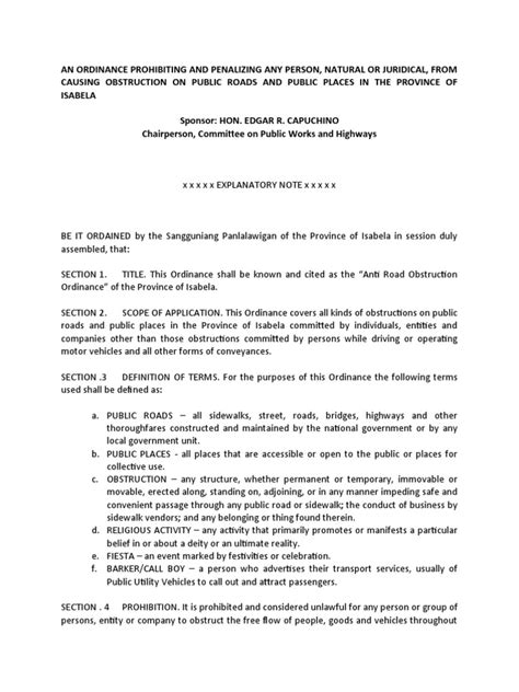 Anti Road Obstruction Ordinance Pdf Local Ordinance Repeal
