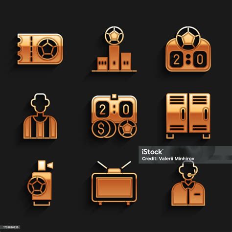 축구 베팅 돈 경기 Tv 또는 축구 해설자 라커 탈의실 에어 혼 심판 스포츠 기계식 스코어 보드 및 티켓 아이콘을 설정하십시오