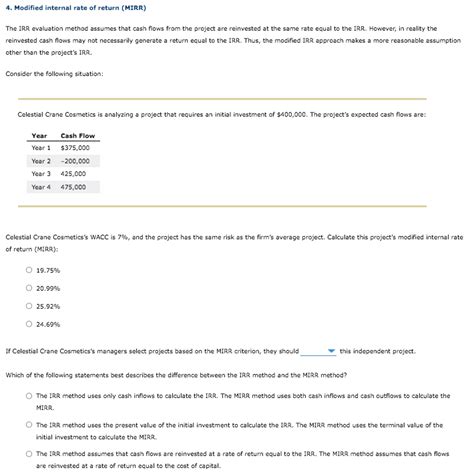 4 modified internal rate of return mirr the irr