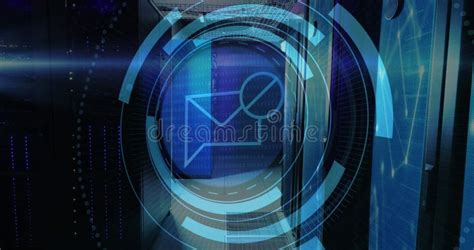 Image Of Message Block Icon On Round Scanner And Light Trails Against Computer Server Room Stock