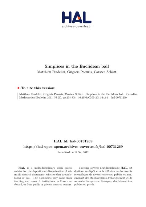 Simplices In The Euclidean Ball Matthieu Fradelizi Grigoris Paouris Carsten Schütt Docslib