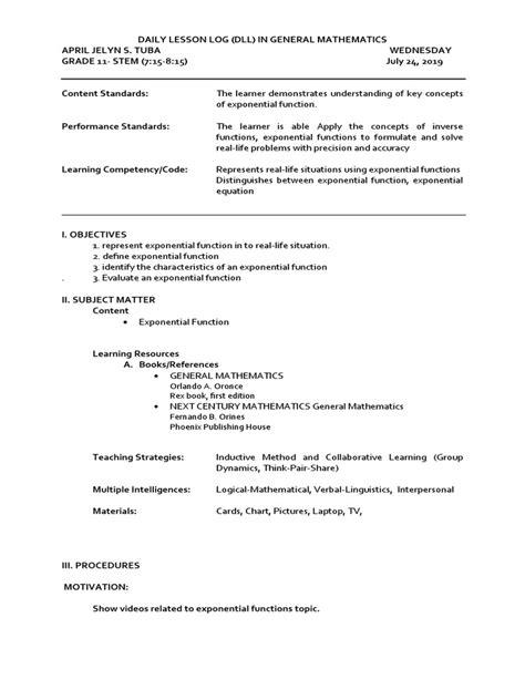 Lesson Plan 1st Pdf Function Mathematics Exponential Function