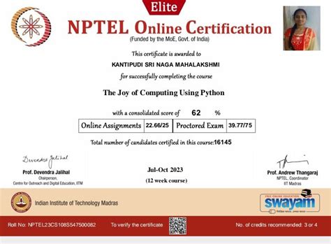 Kantipudi Sri Naga Mahalakshmi On Linkedin Nptel Thejoyofcomputingusingpython