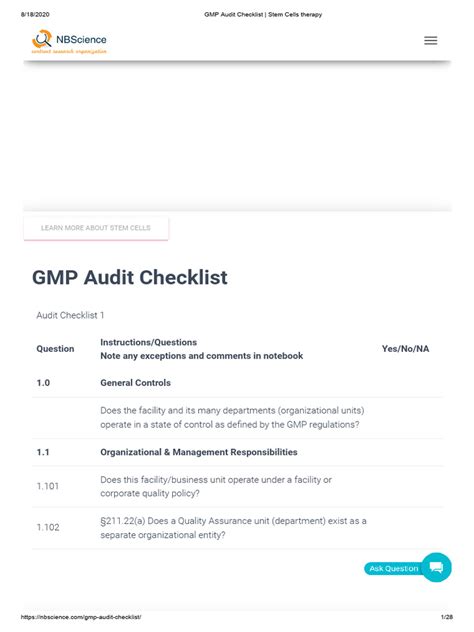Gmp Audit Checklist Stem Cells Therapy Pdf