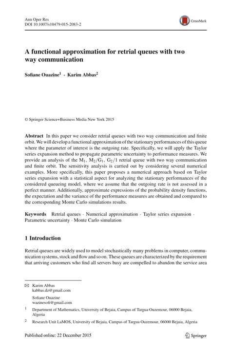 Pdf A Functional Approximation For Retrial Queues With Two Way Communication