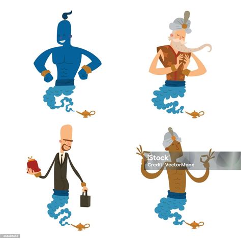 만화 지니 캐릭터 매직 램프 벡터 일러스트 보물 알라딘 기적 Djinn 나오는 고립 된 전설 세트 소원 마법의 마법사 욕망 검은