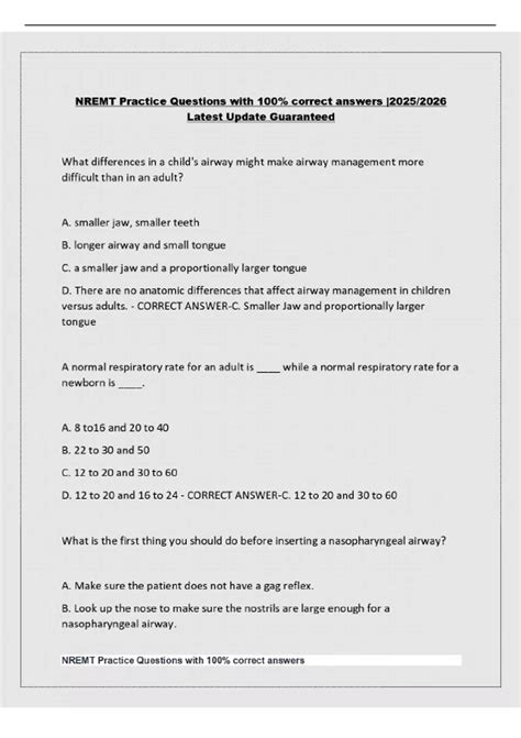 Nremt Practice Questions With 100 Correct Answers 2025 2026 Latest Update Guaranteed Nremt