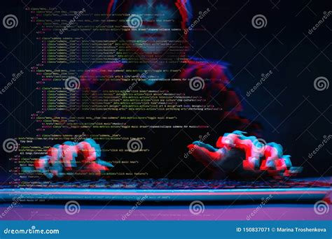 Hacker Working With Computer In Dark Room With Digital Interface Around Image With Glitch