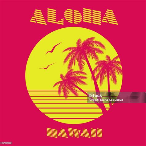 하와이 인사말 알로하 하와이 여름 해변 파티의 벡터 평면 포스터는 텍스트가 있는 화려한 일몰 배경에 야자수와 갈매기가 있습니다 해변에 대한 스톡 벡터 아트 및 기타 이미지