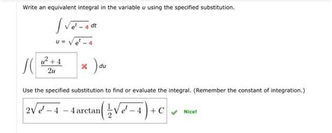 solved write an equivalent integral in the variable u using