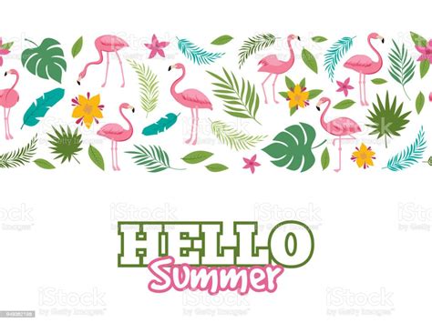열 대 잎과 플라밍고 패턴입니다 안녕하세요 여름 배경 디자인 공휴일에 대한 스톡 벡터 아트 및 기타 이미지 공휴일 과일 귀여운 Istock