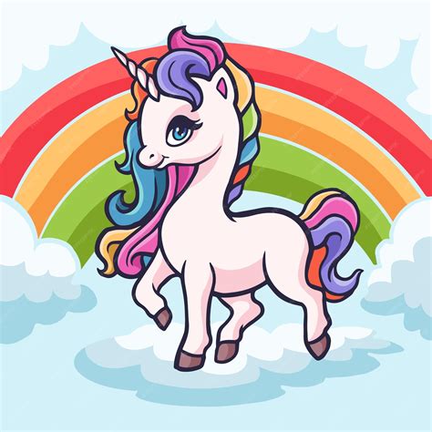 Premium Vector Cute Cartoon Unicorn Standing Among The Rainbows Vector Illustration