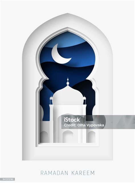 라마단 카림 3d 추상 종이 그림을 잘라 이슬람 모스크와 창입니다 달과 파란 하늘입니다 라마단에 대한 스톡 벡터 아트 및 기타 이미지 Istock