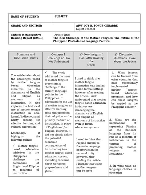 Critical Metacognitive Reading Report Pdf Liberal Arts Education