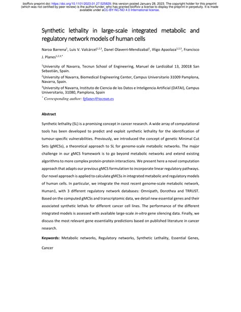 Pdf Synthetic Lethality In Large Scale Integrated Metabolic And