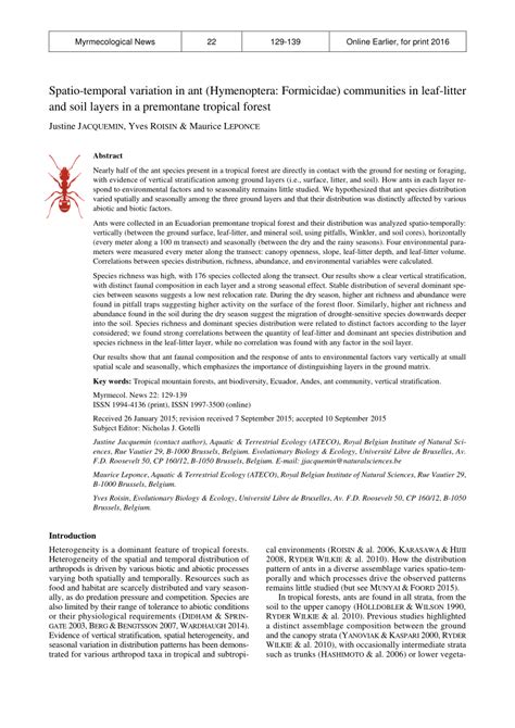 Pdf Spatio Temporal Variation In Ant Hymenoptera Formicidae