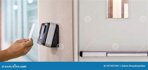 Proximity Card Door Unlock Hand Security Man Using Fingerprint Scan On ID Card Reader Access